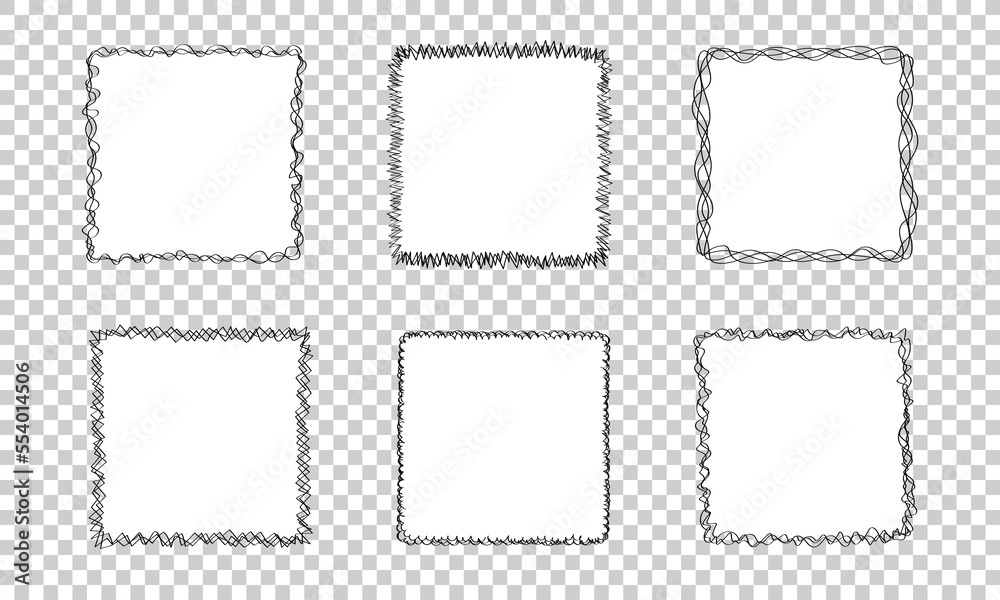Set of six doodle frames with black hand drawn borders isolated on ...