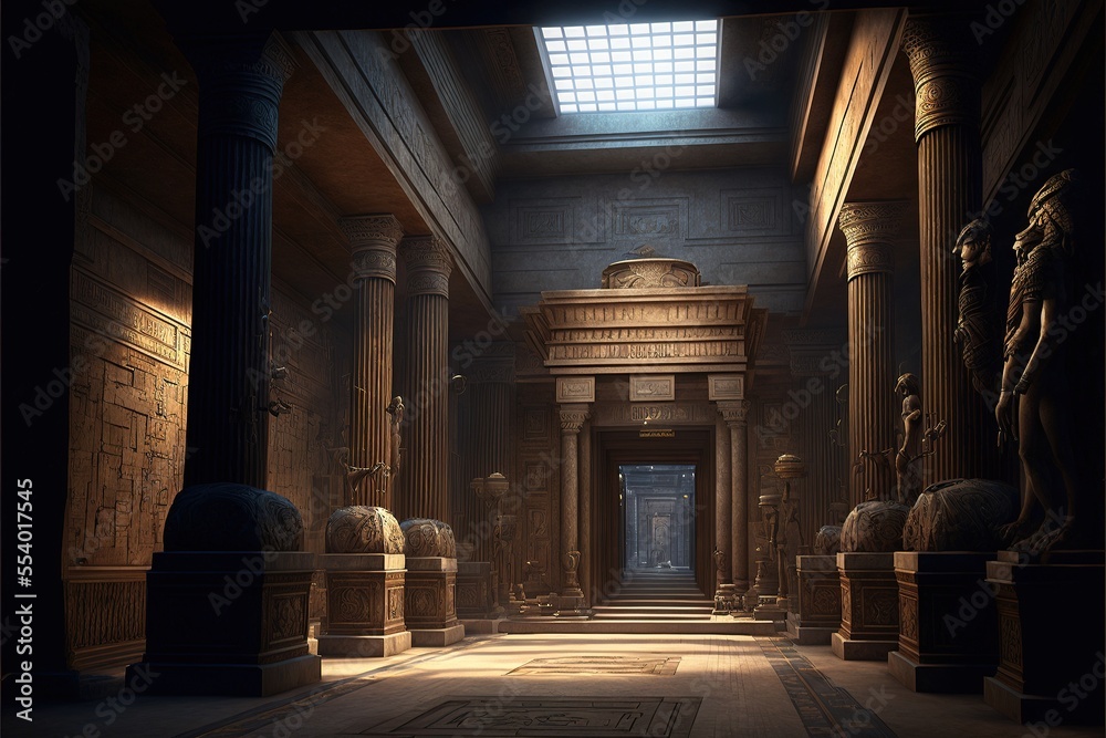 Ancient Egyptian majestic temple with columns and a throne. Atmospheric ...
