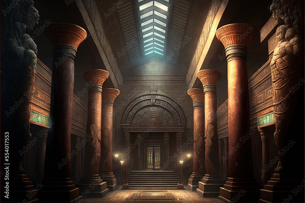 Ancient Egyptian majestic temple with columns and a throne. Atmospheric ancient interior Egypt ...