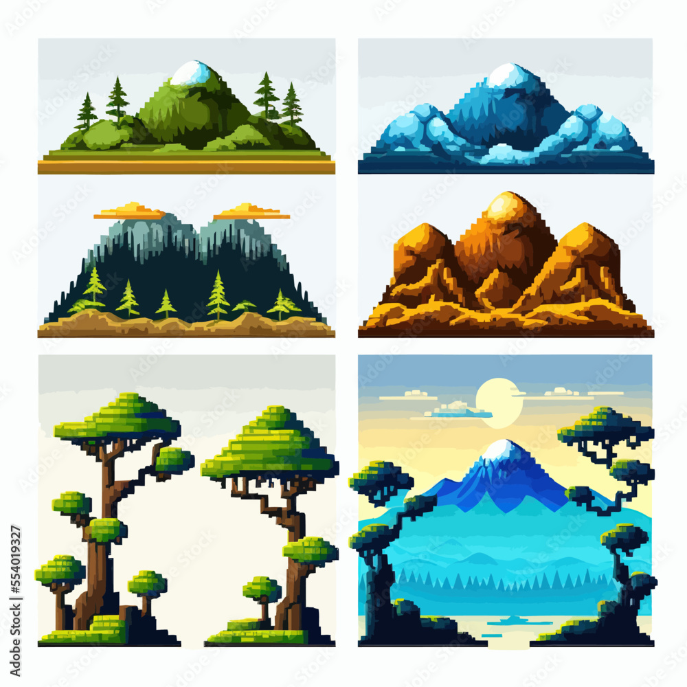 8bit pixel game mountains and hills background. Isolated on a white ...