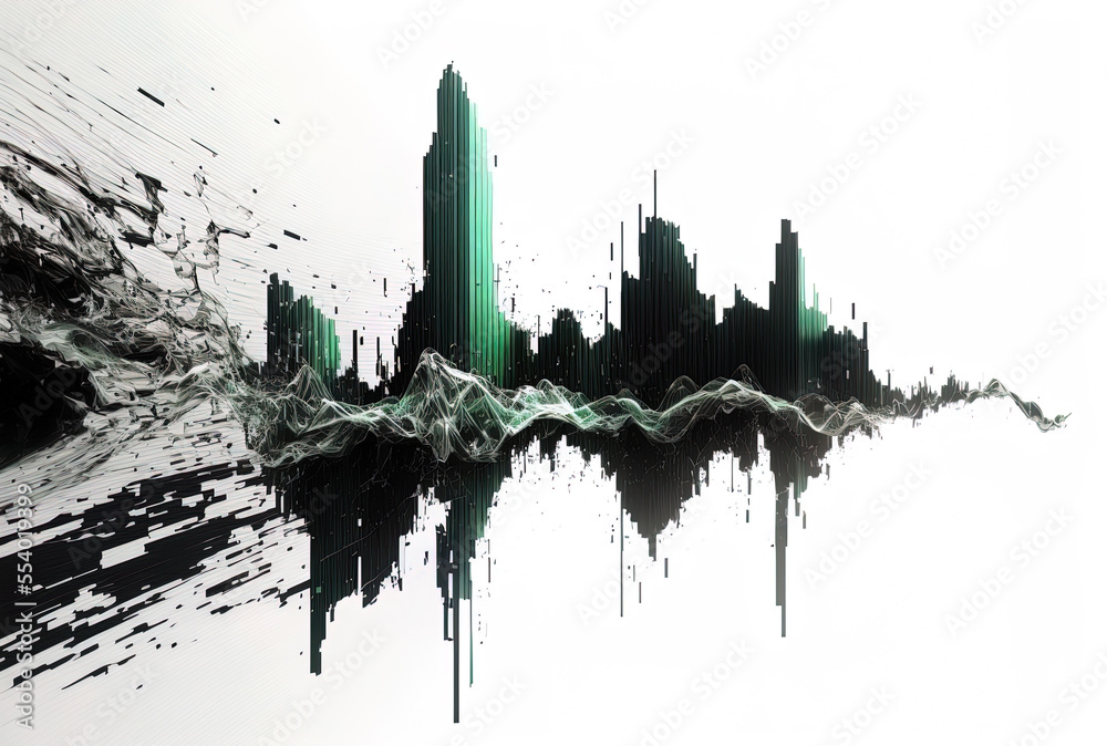 Concept of a futuristic digital wave with a glitch effect on a white ...