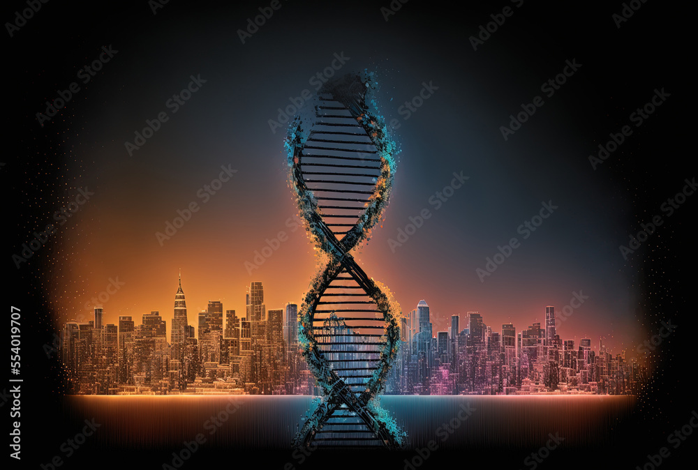 Virtual DNA symbol image with the San Francisco skyline in the backdrop ...