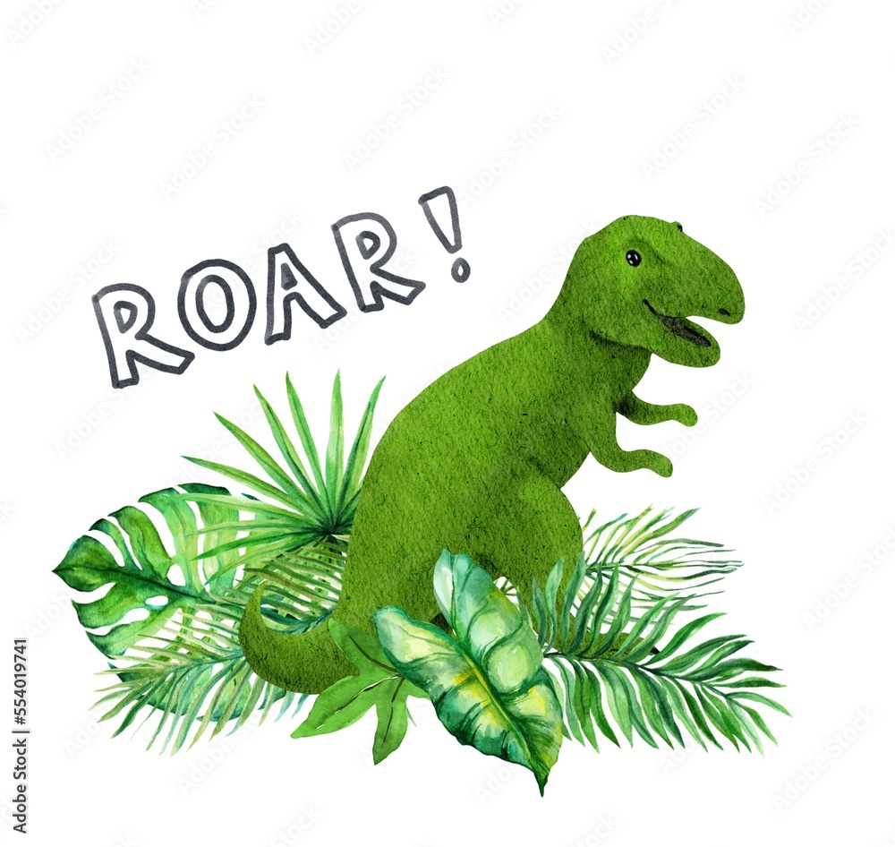 Cartoon t-rex dinosaur card. Tyrannosaur dino in tropical green leaves and text “Roar ...
