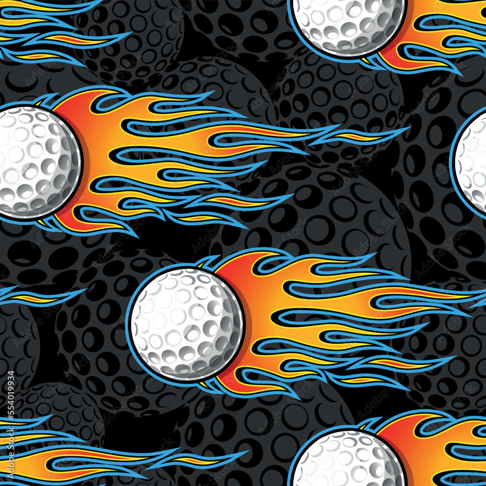 Golf balls and fire flame seamless pattern vector art graphic. Flaming ...