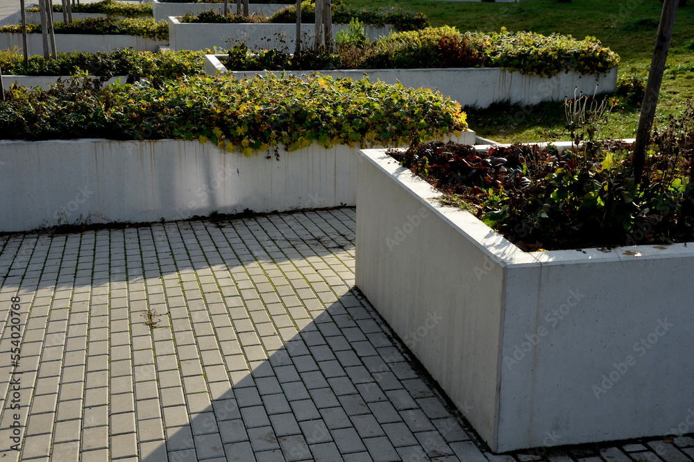 concrete flower pots are on the square. large rectangular containers ...