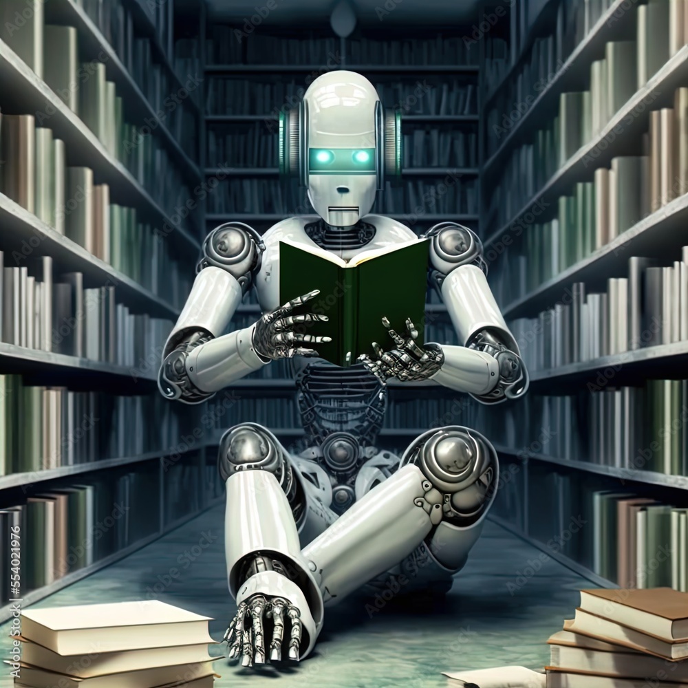 Robot reading in the library. Stock Illustration | Adobe Stock