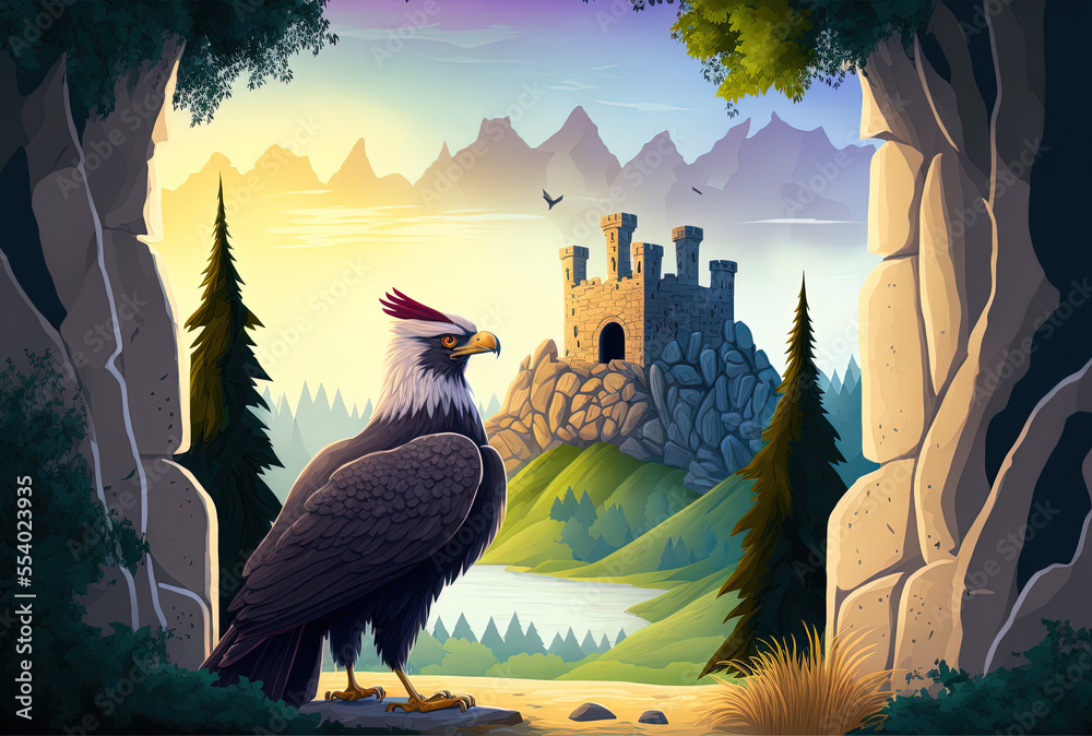 Beautiful eagle bird in a woodland in a cartoon scenario with a secret ...