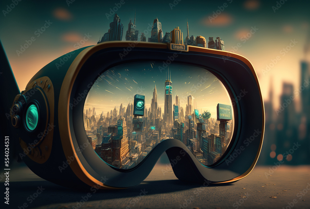 View the city in the virtual realm of the metaverse with VR goggles and ...
