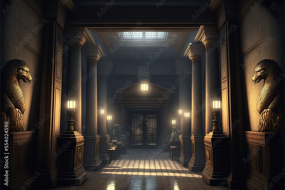 Ancient Egyptian majestic temple with columns and a throne. Atmospheric ...