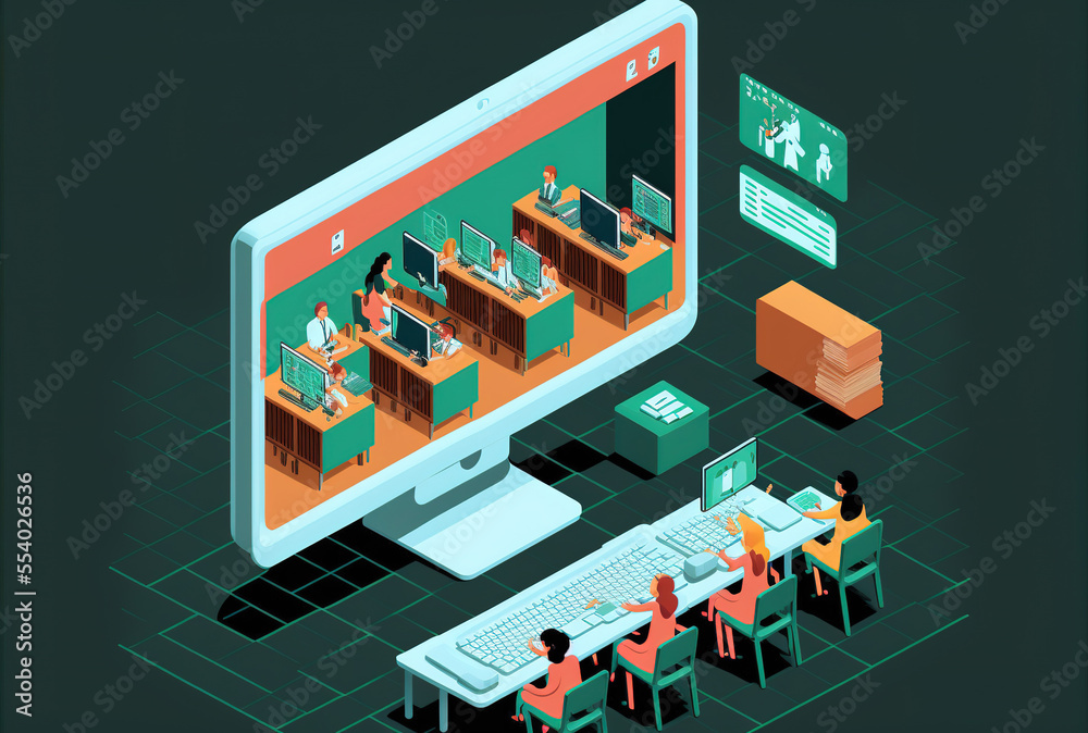 Online education design idea showing a professor at a blackboard on a ...