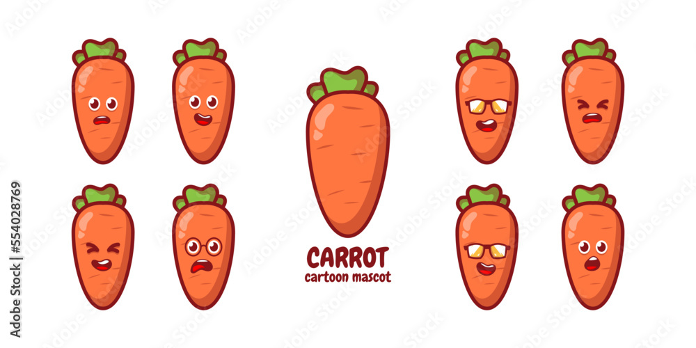 Cute cartoon carrot icon set isolated on white background vector ...
