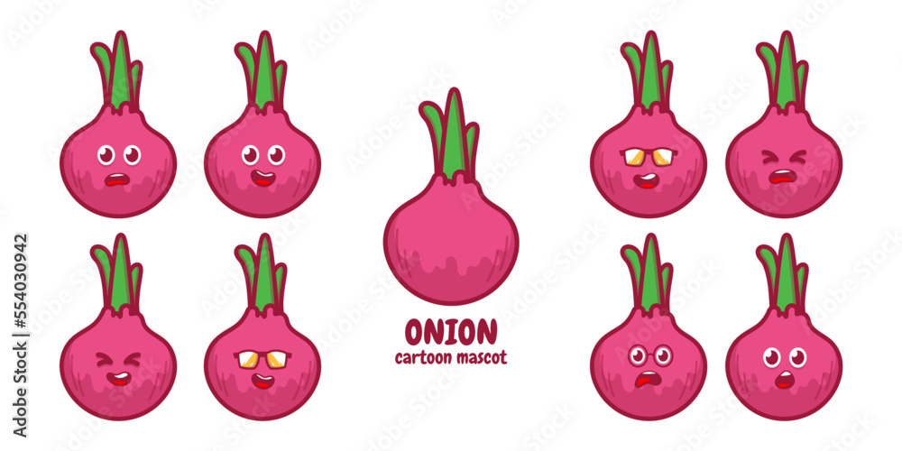 Cute funny red onion vegetable with face. Vector cartoon kawaii doodle ...