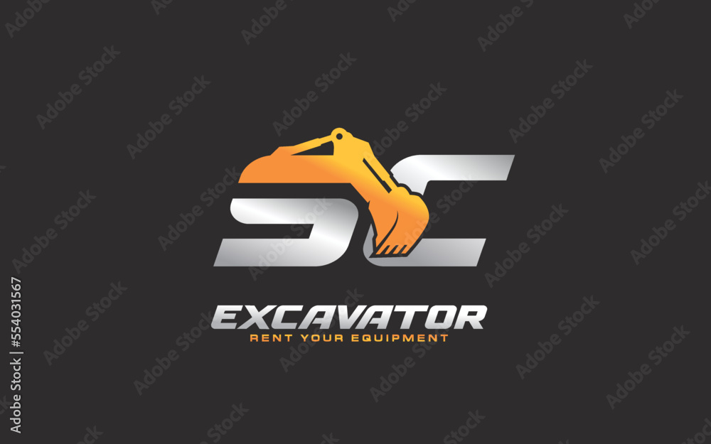SC logo excavator for construction company. Heavy equipment template ...