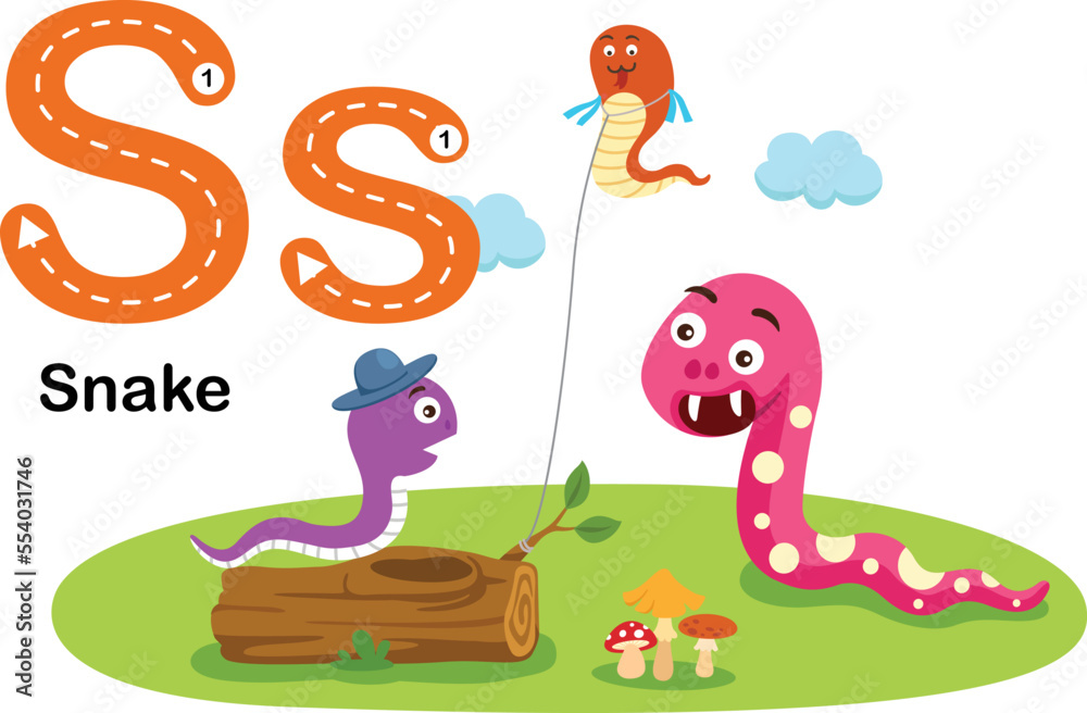 Alphabet Letter S-Snake with cartoon vocabulary illustration, vector ...