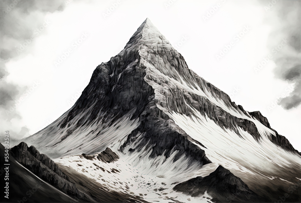 painting of a mountain in gray. Drawn by hand, a landform with a summit ...