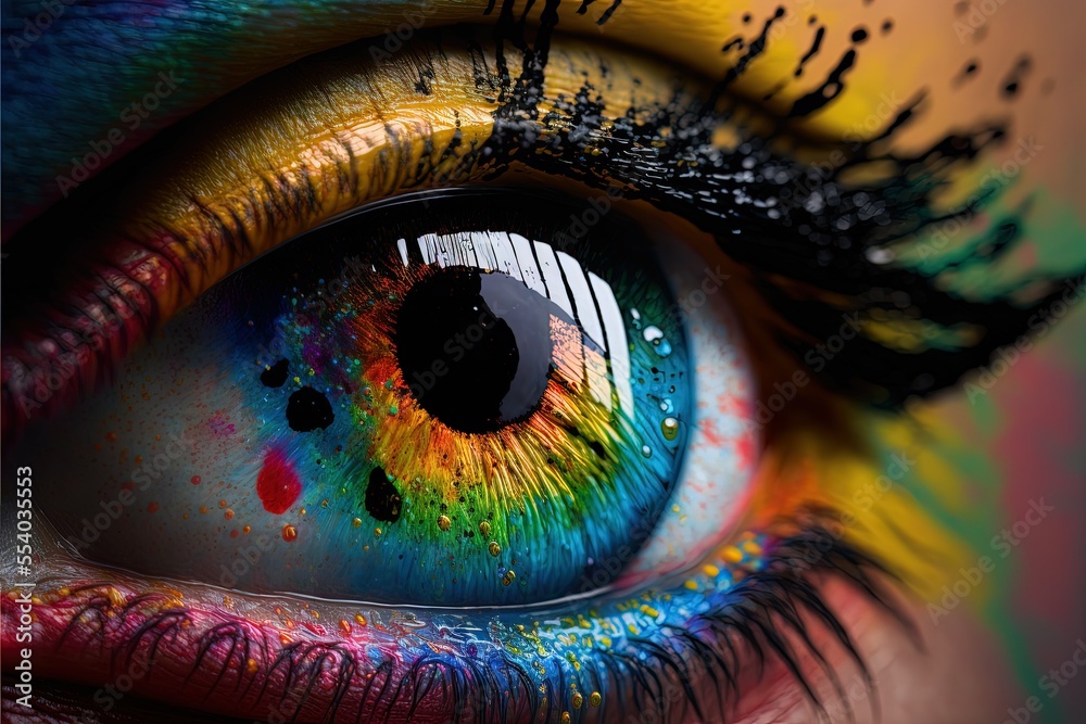 Generative AI, human eye close up with colorful paint , ink splashes ...