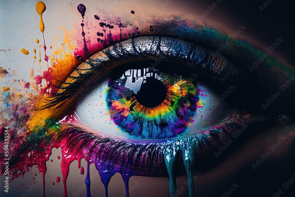 Generative AI, human eye close up with colorful paint , ink splashes ...
