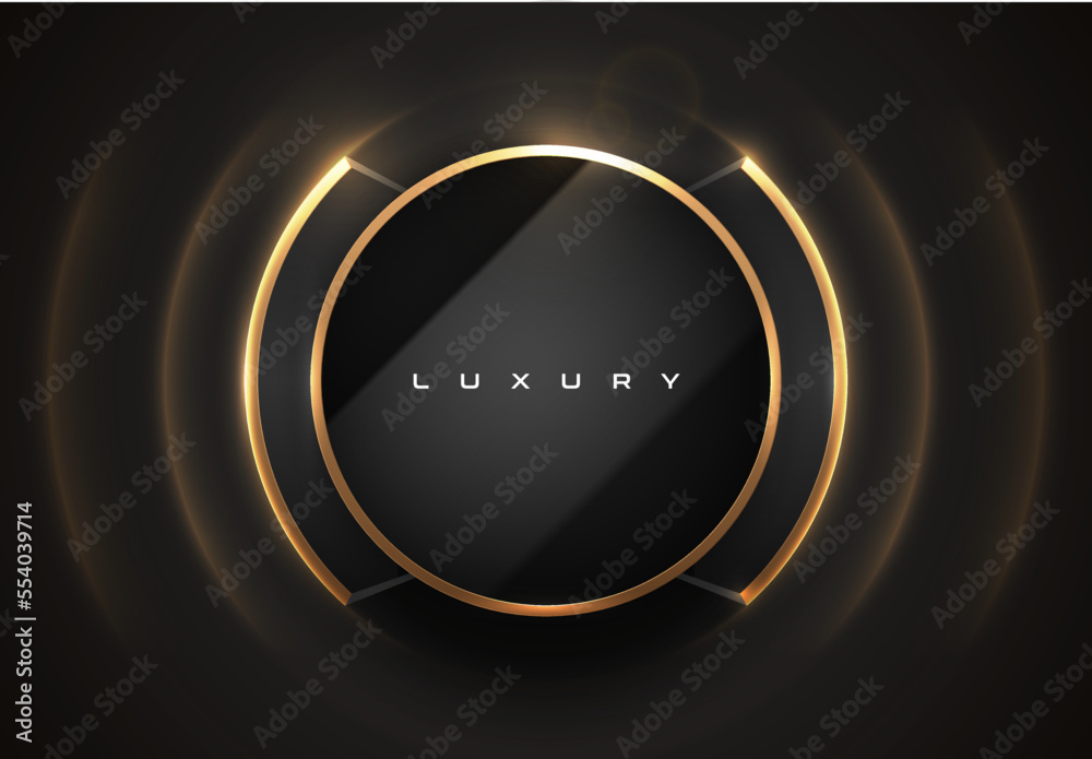 Glossy black circle logo frame, gold edge. Luxury dark frame, golden ...