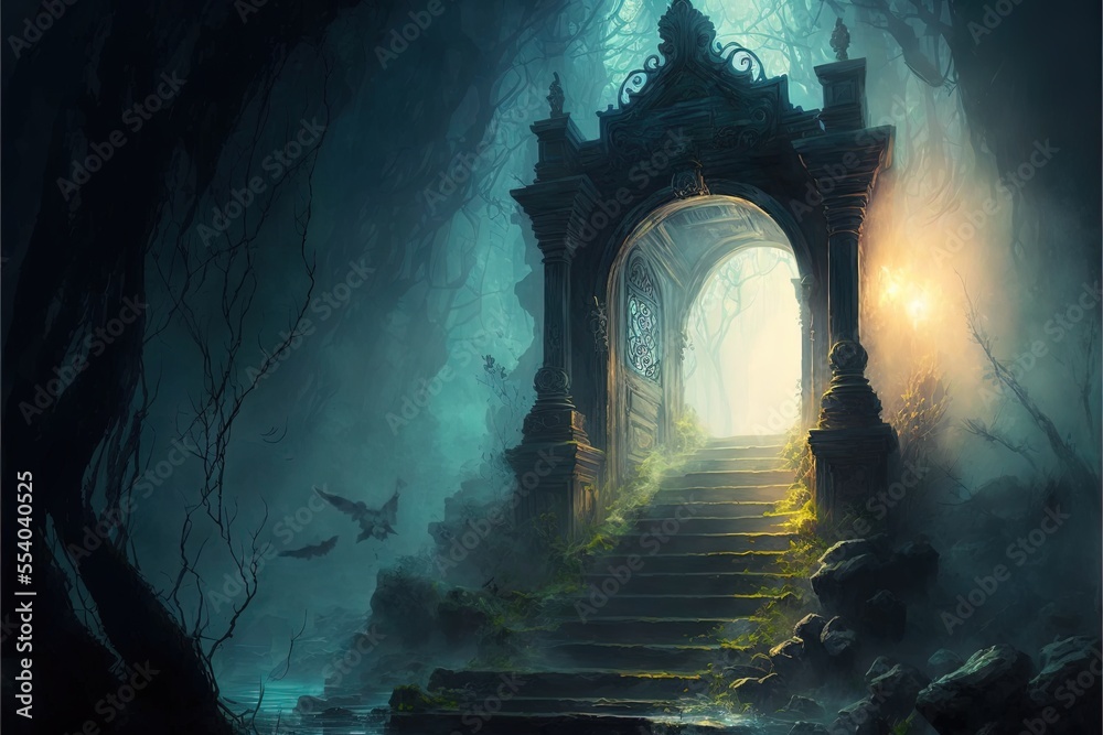 End of a tunnel to a Dark Mystical stairs in a fairy fantasy forest ...