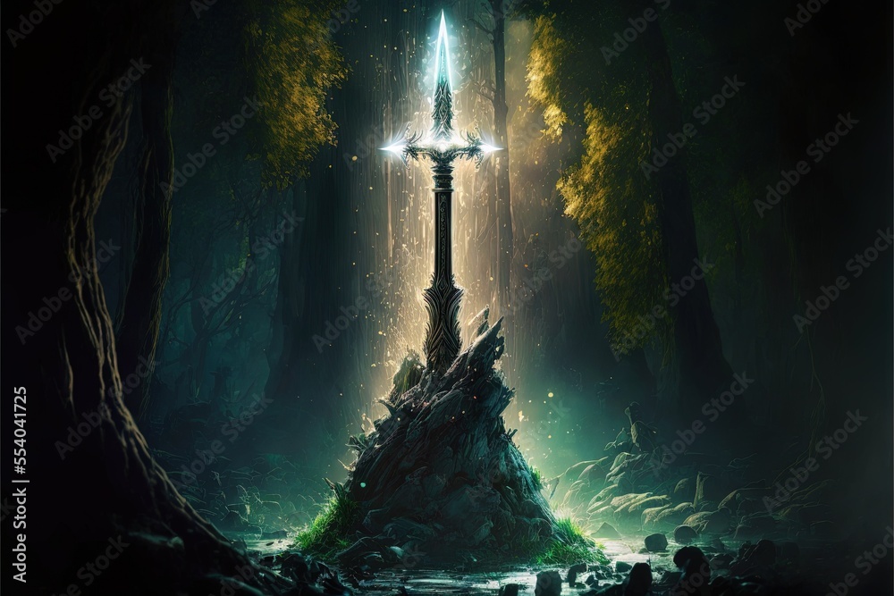 Excalibur, sword in the stone with light rays in a dark forest. Digital ...
