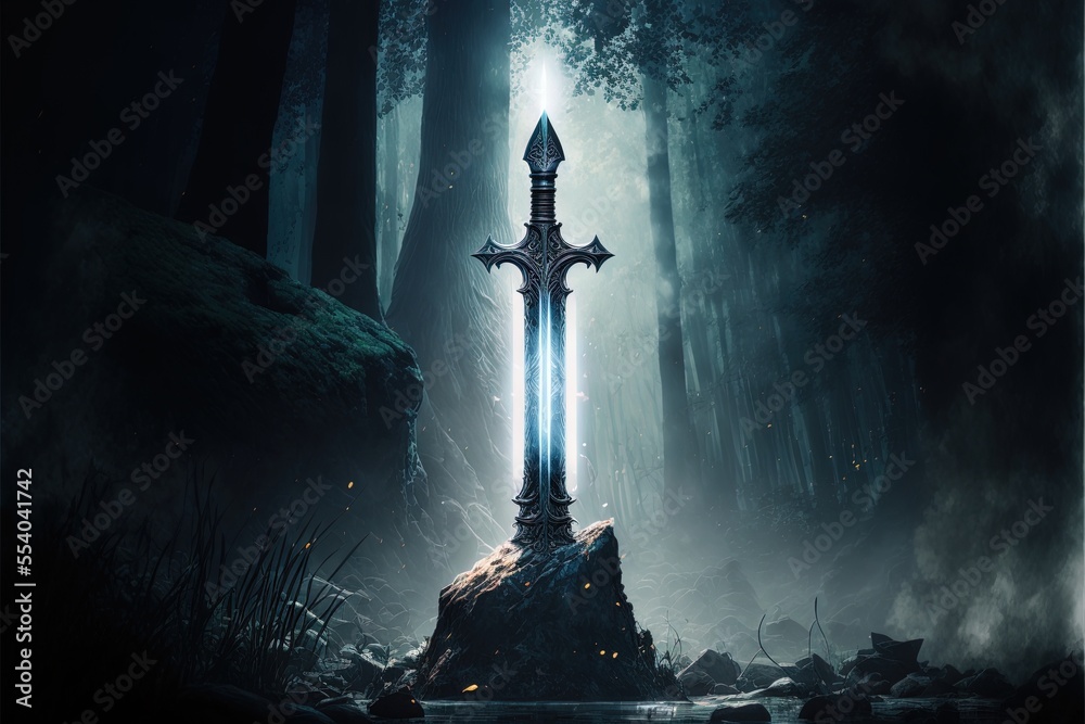 Excalibur, sword in the stone with light rays in a dark forest. Digital ...