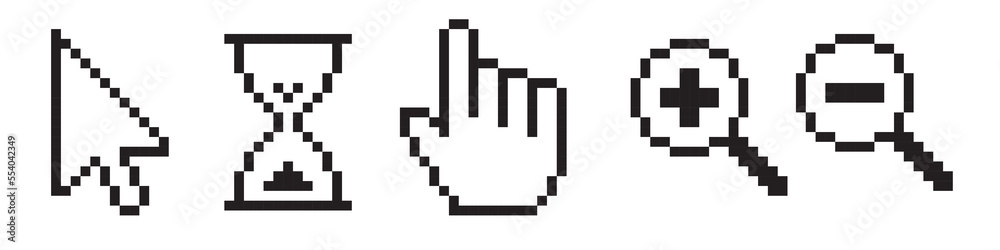 Set of pixel cursors. Cursor pointers. Arrow, hourglass, hand and ...