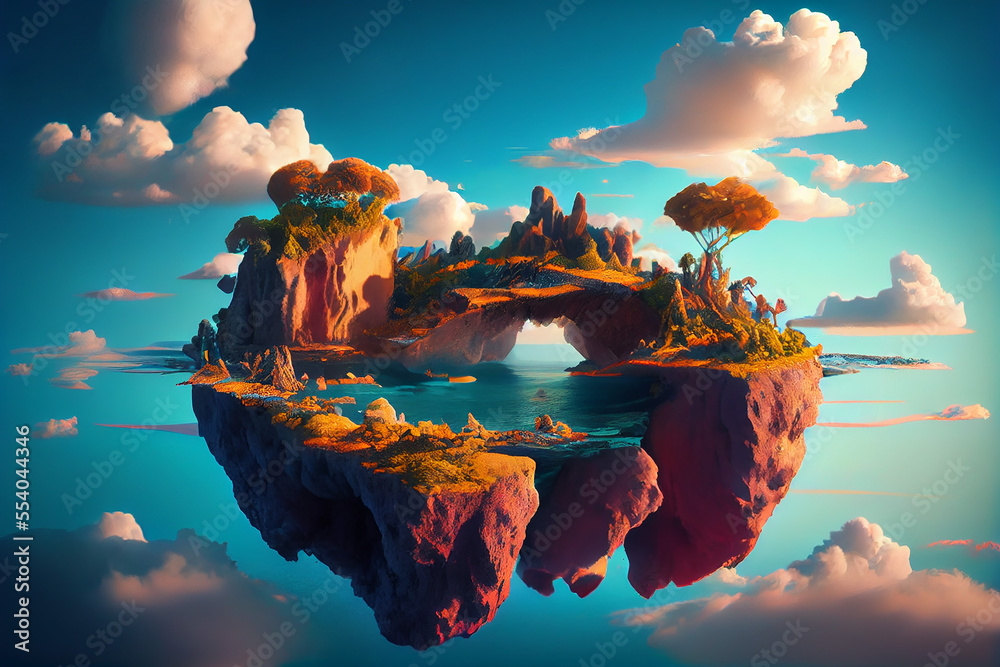 Fantasy Sky Island, Floating Island with Pools of water and Trees Stock ...