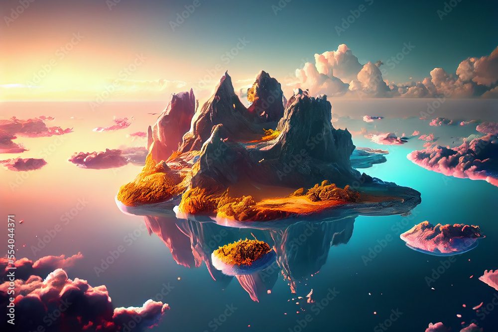 Fantasy Sky Island, Floating Island with Pools of water and Trees Stock ...