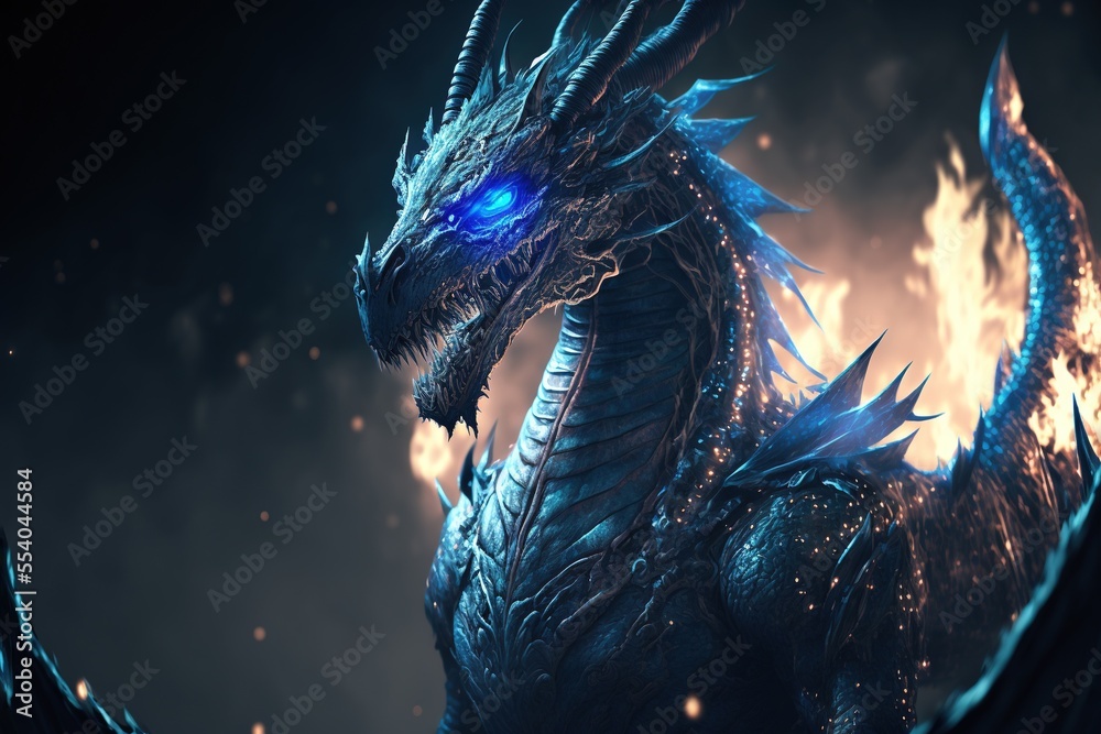 A blue dragon with glowing blue eyes on a dark background with fire ...