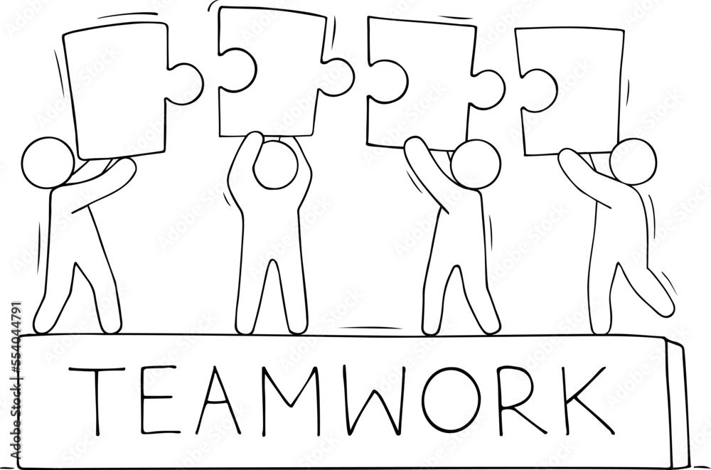 Sketch of working little people with puzzle, teamwork. Stock Vector ...