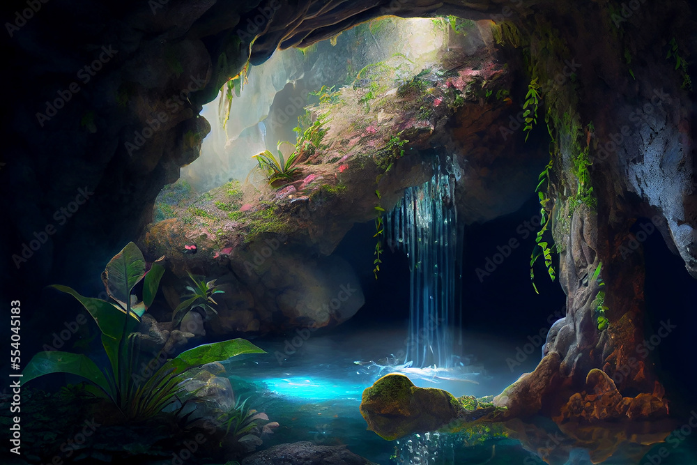 Waterfall inside a Cave, Beautiful Vegetation, Cave Entrance Stock ...