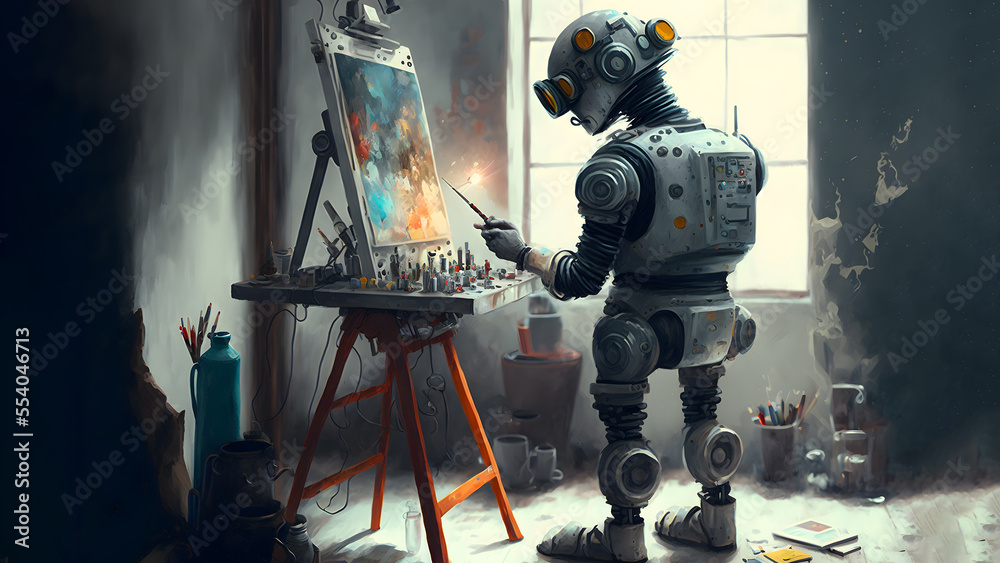robot artist in the studio next to his easel, painting and paints while ...