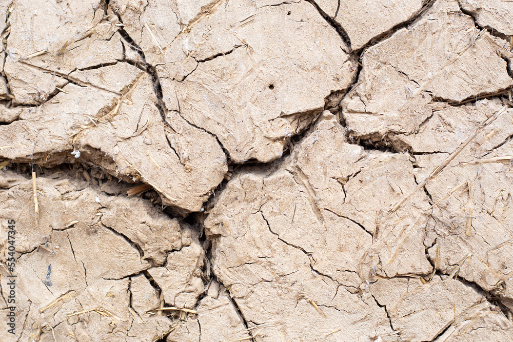 Texture of a cracked wall made of straw and clay. Background for text ...