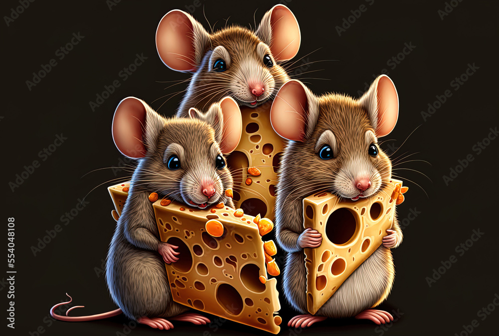 Cartoon rats and mice holding cheese. Brown, grey, and white mice with ...