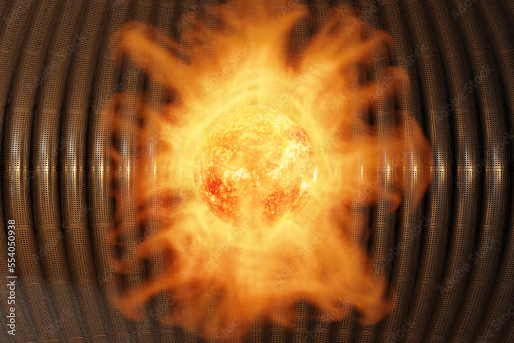 Atomic nuclei of hydrogen are combined to generate sun-like power in a ...