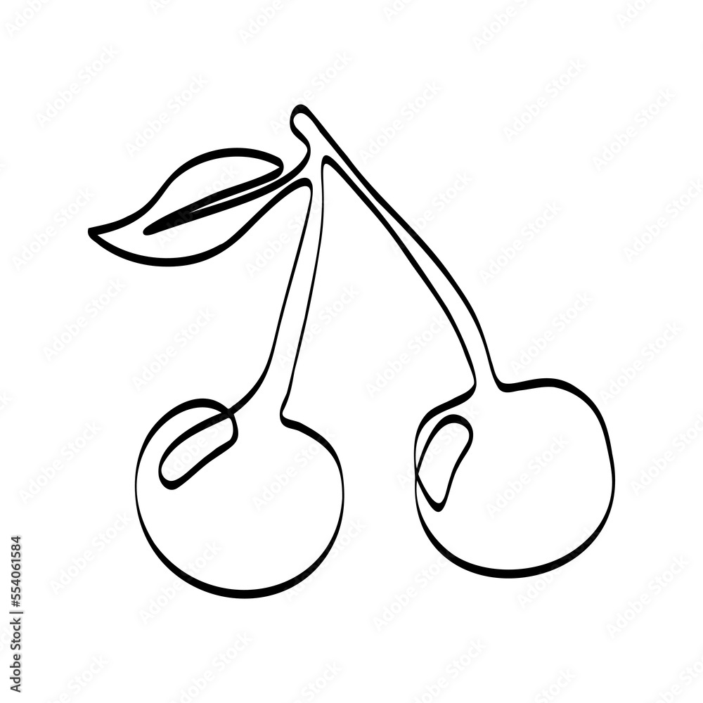 Continuous one line drawing cherry. Vector illustration. Black line art ...
