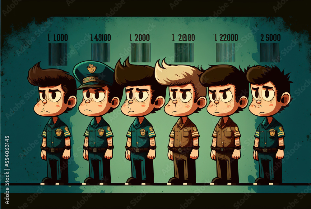 Cartoon young kid or teen character backdrop with police lineup or ...