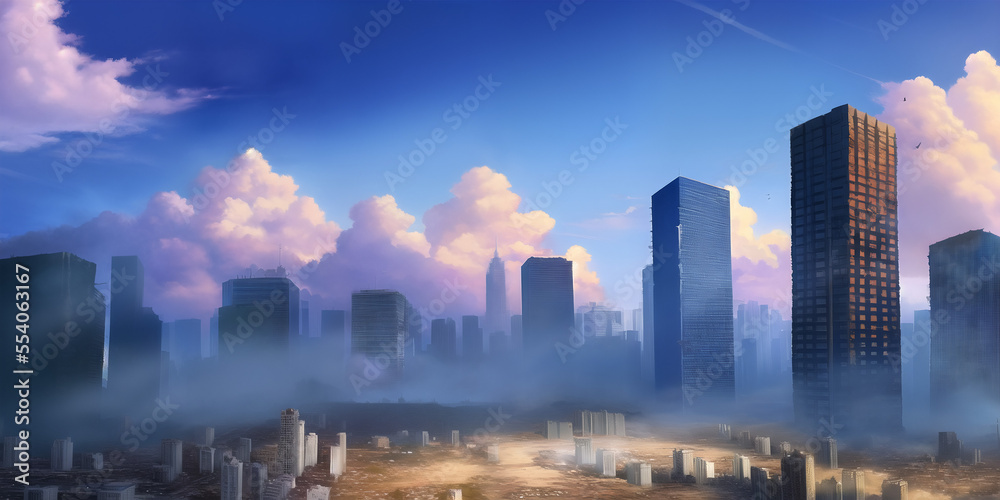 Small high-rise buildings surrounded by skyscrapers. City skyline at ...