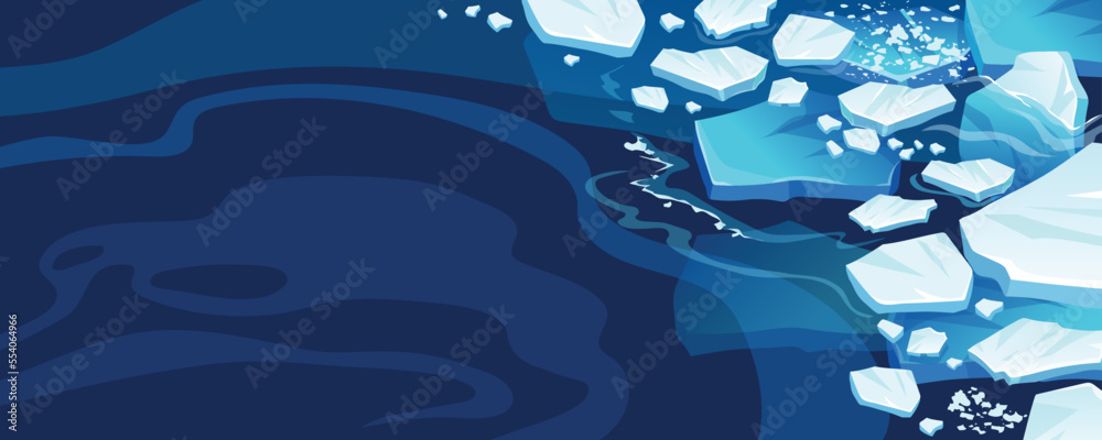 Atlantic, antarctic floes, glaciers and icebergs floating on surface ...