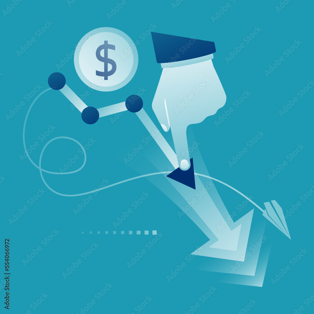 Cost reduction concept. Cost down. Businessman with his hand lowers the arrow of the graph ...
