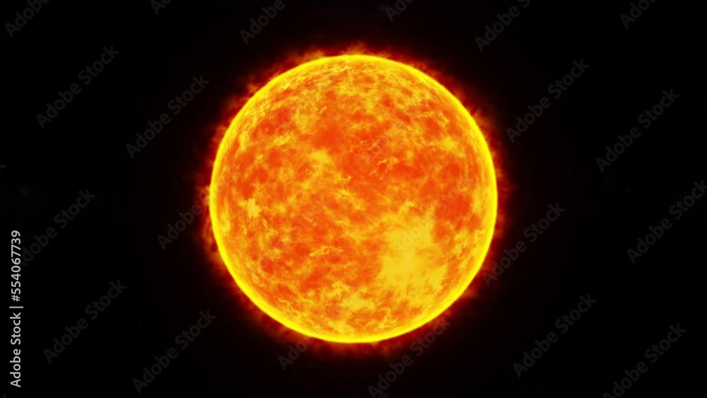 Zoom to burning and incandescent sun. 3d orange sun surface with heat ...
