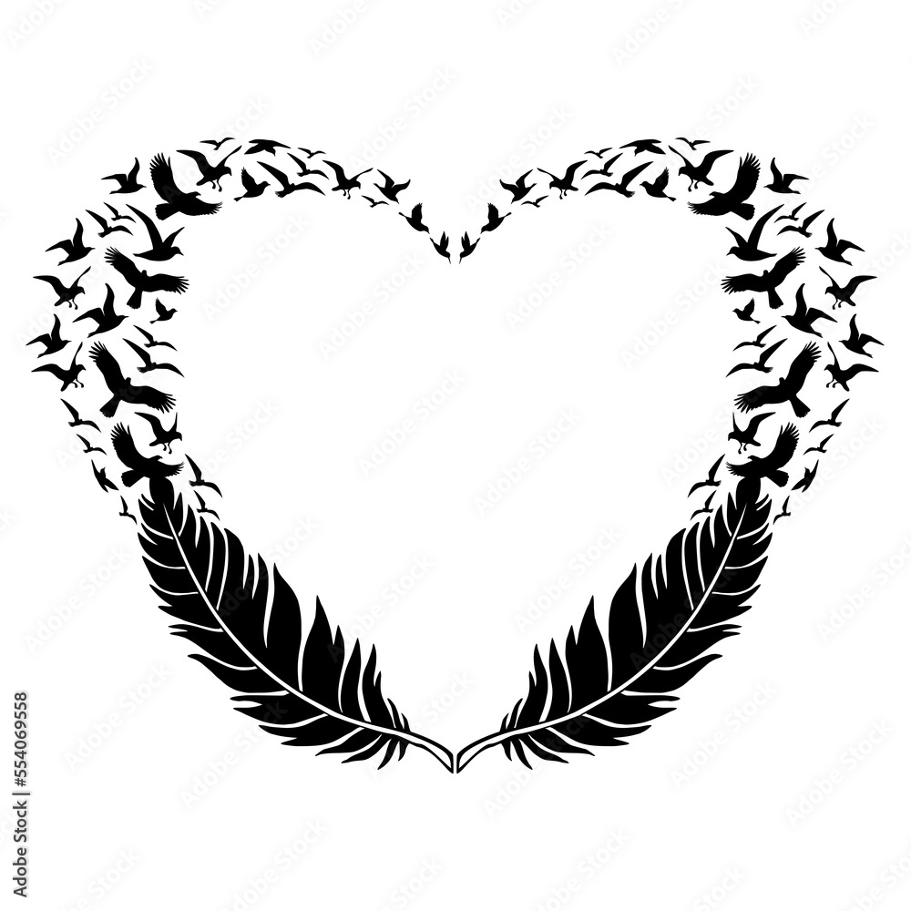 Black feather heart with flying birds, illustration over a transparent ...
