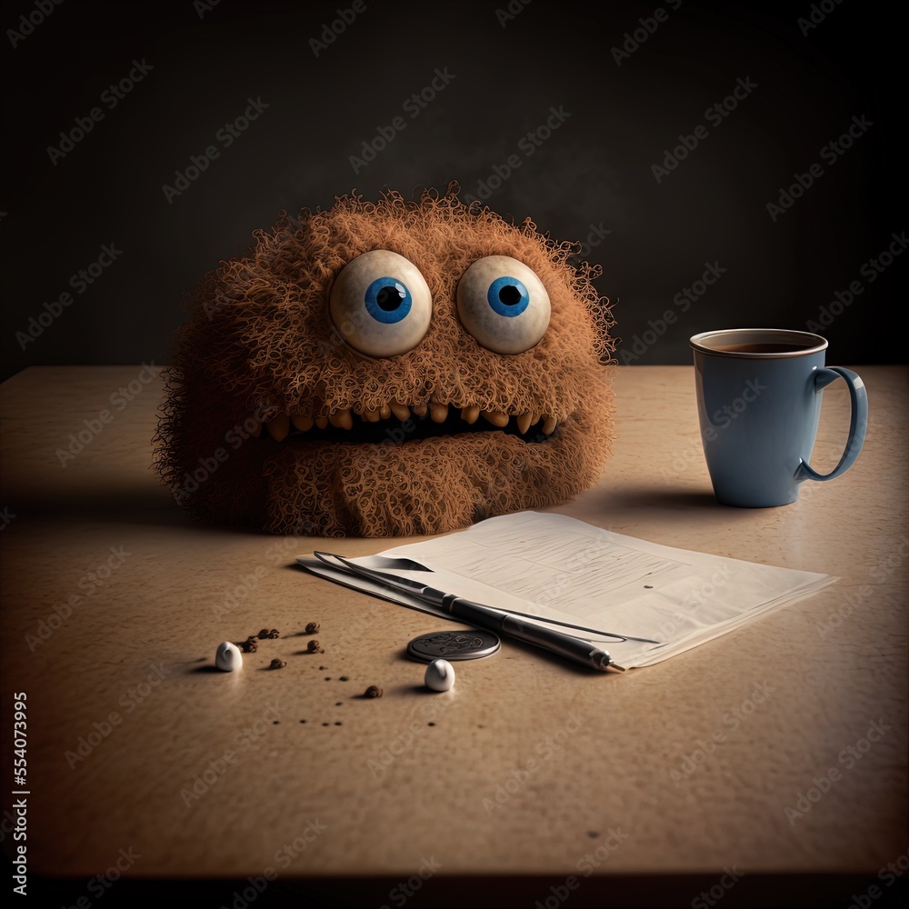 Stressed character, too much coffee, deadlines, fluffy monster with ...
