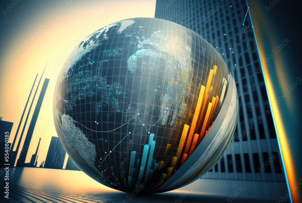 Various exposures of an abstract financial diagram and a globe map on a ...