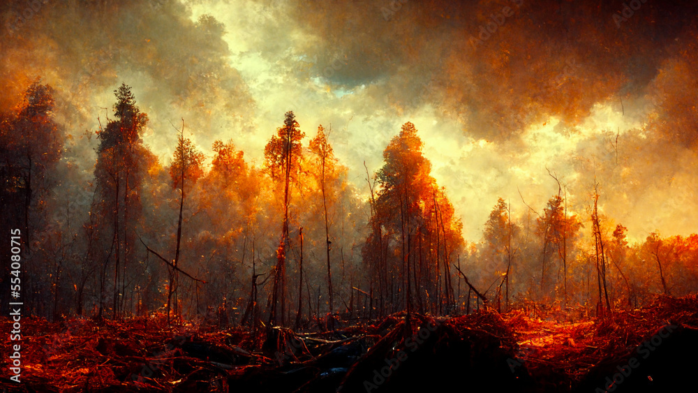 Wildfire, forest burning, digital painting. Illustration of trees that ...