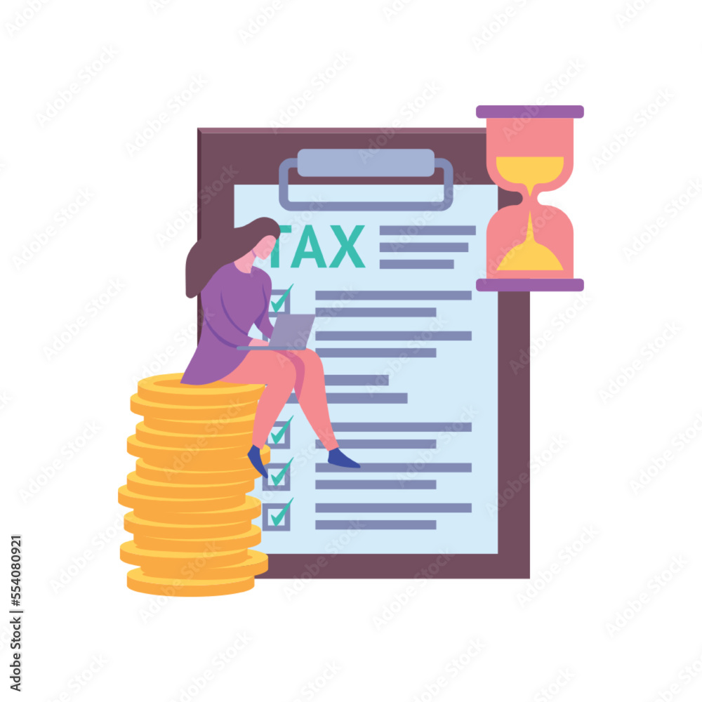 Cartoon Color Taxes and Fees Paying Concept and Character Woman sitting ...