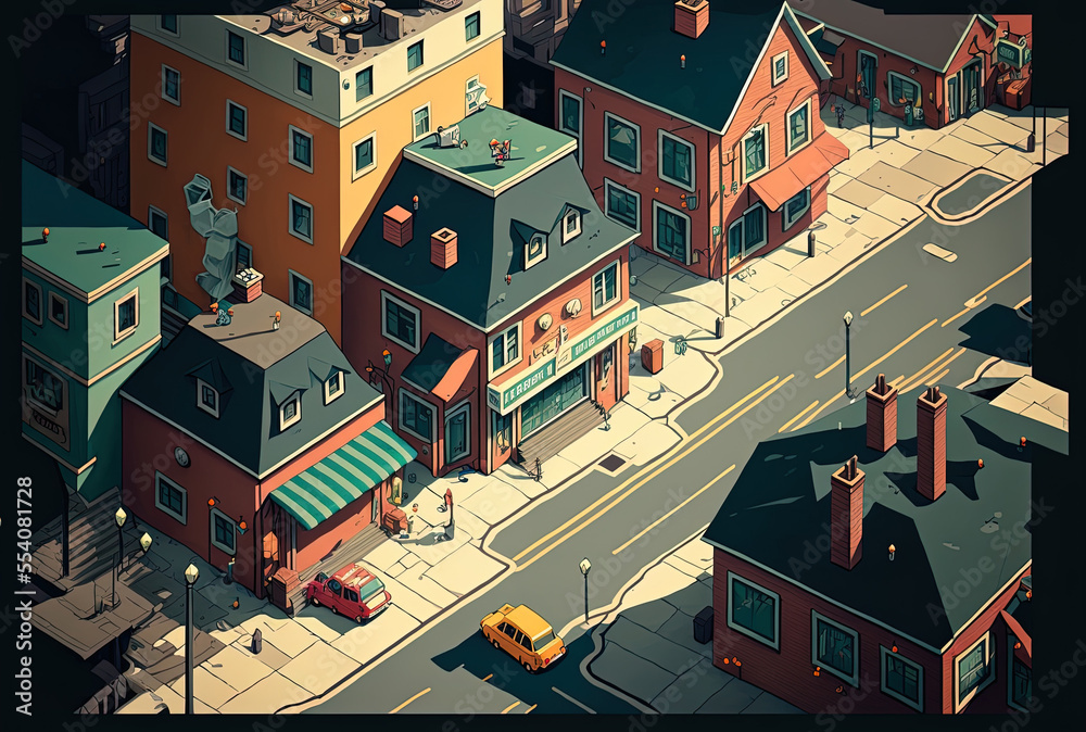 Bird's eye view of an urban setting in a cartoon town. Generative AI ...
