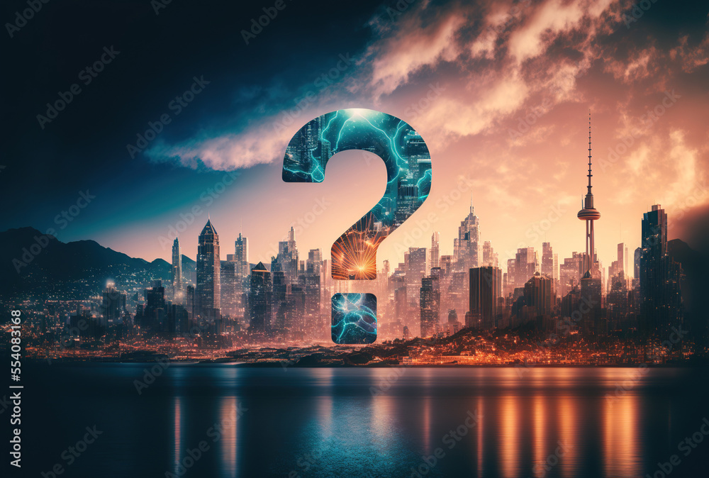 virtual question mark in the abstract Future technology idea with ...