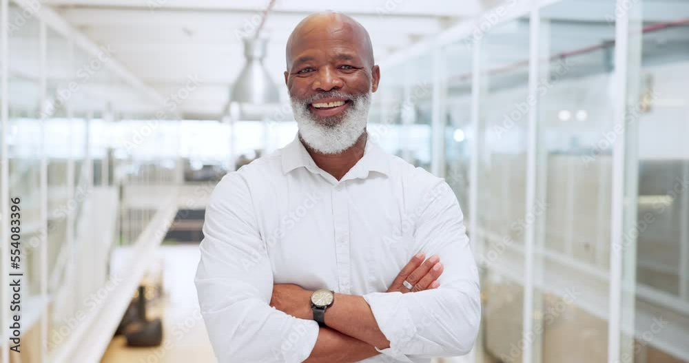 Motivation, mindset and mission with a business black man standing arms ...