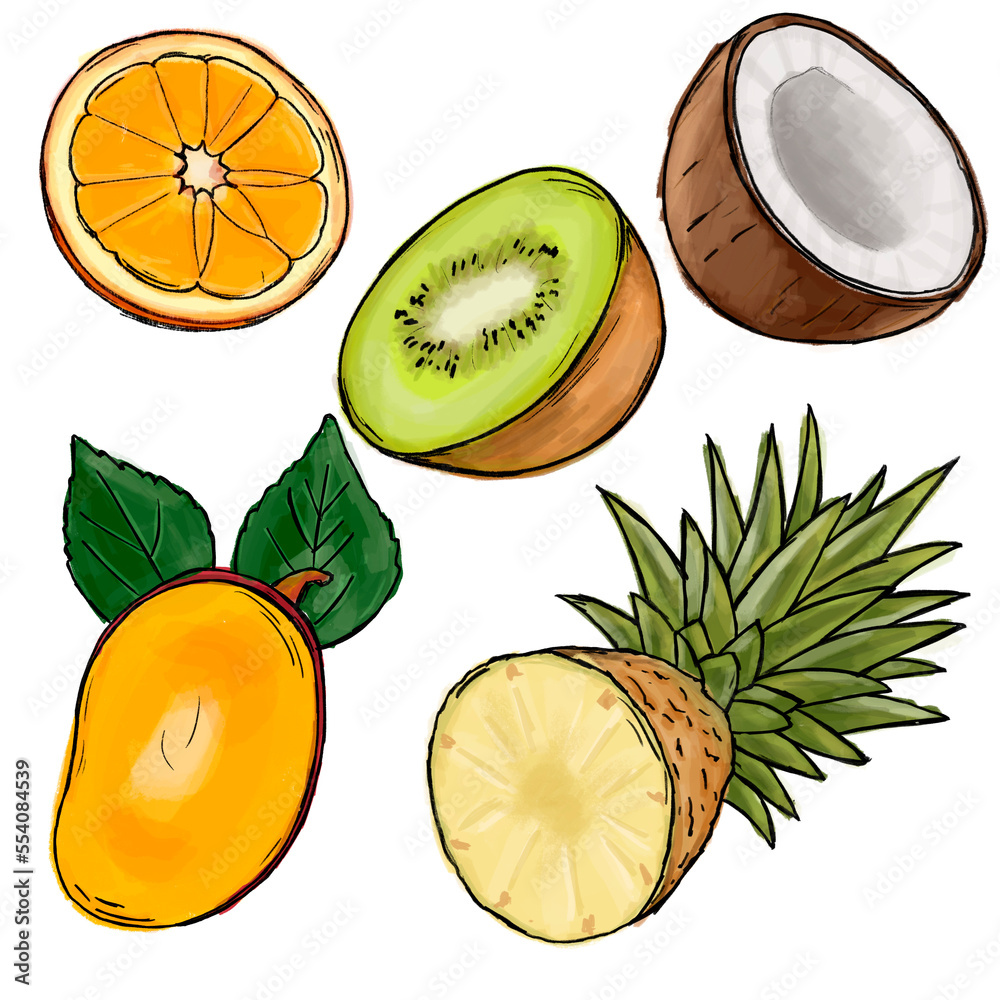 Fruit drawings in color without background in PNG, tropical fruits in ...